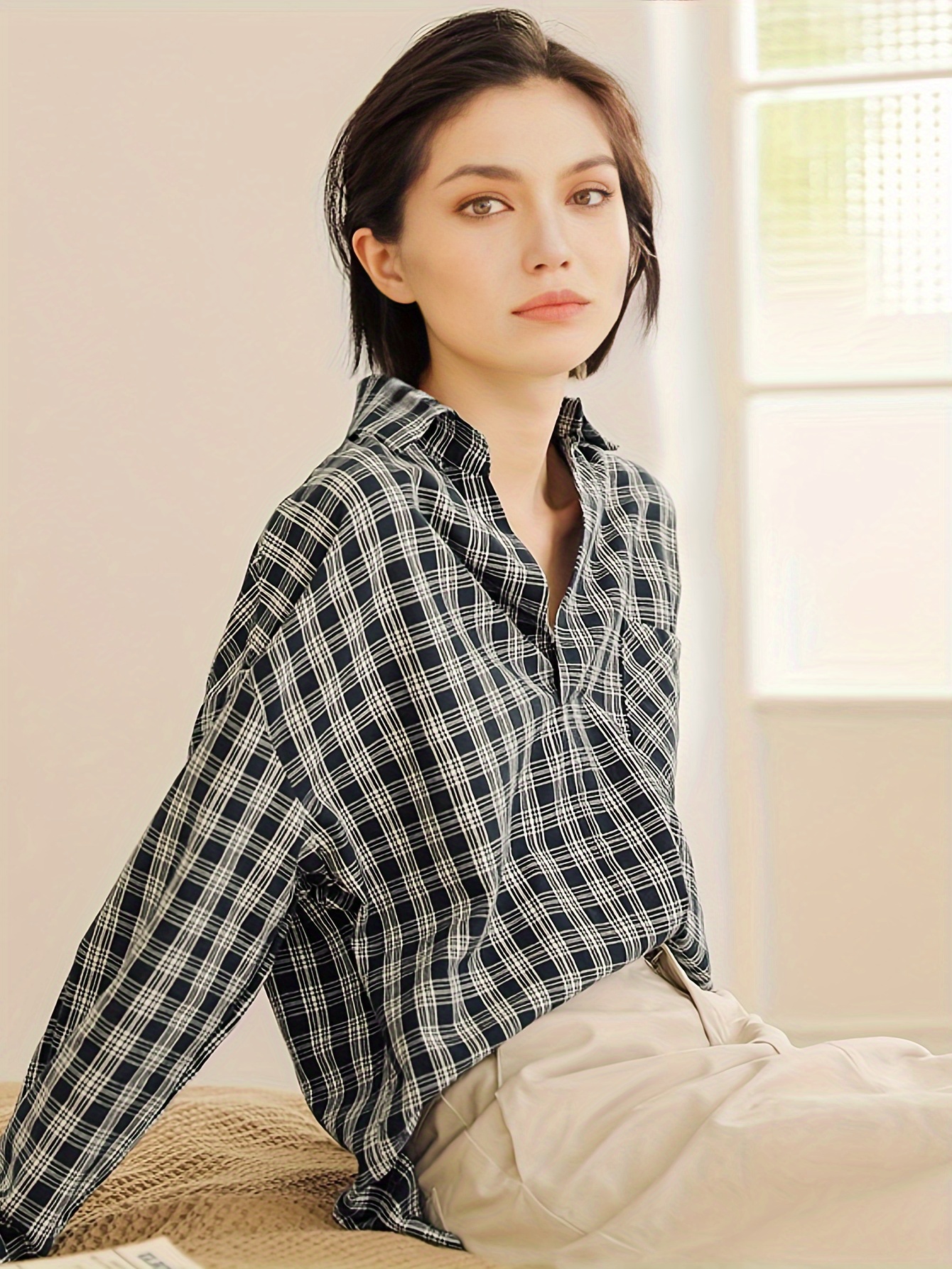 Plaid Print Oversized Shirt Casual V Neck Turn Collar Long - Temu