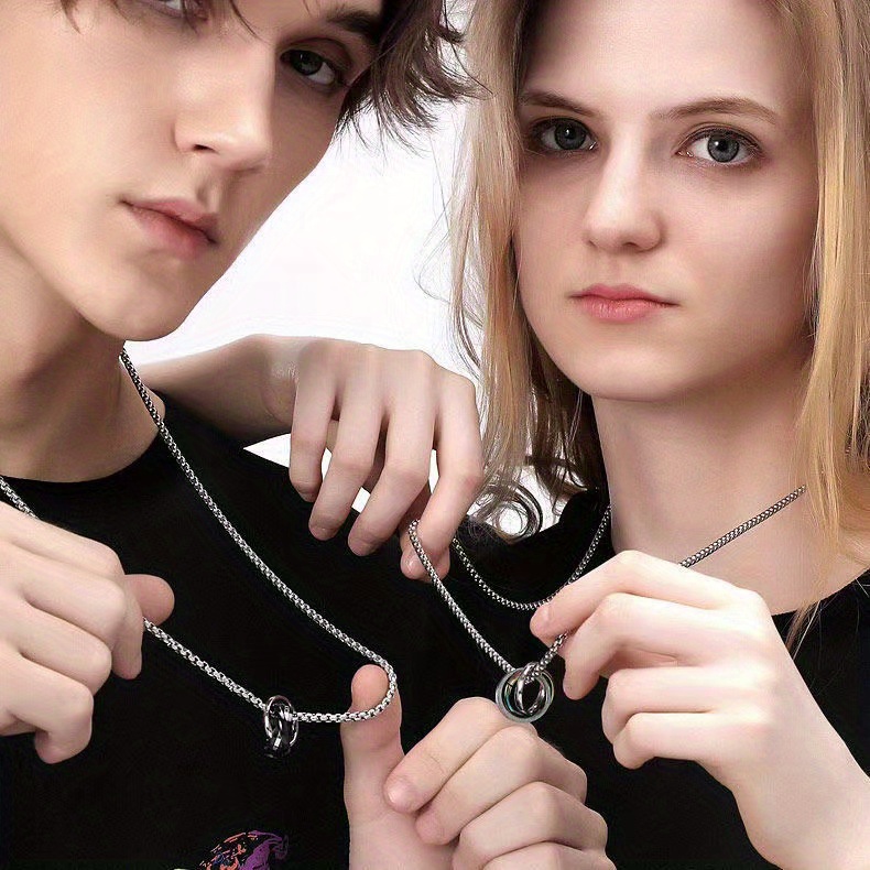 Titanium Steel Jewelry Necklace Men Women Double Ring Design - Temu New ...