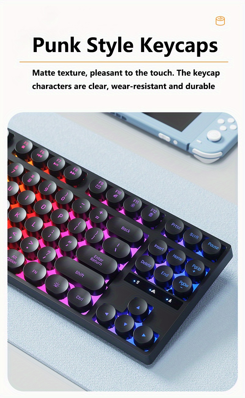 87 Key Gaming Keyboard Wired Round Keycaps Rgb Backlight - Temu