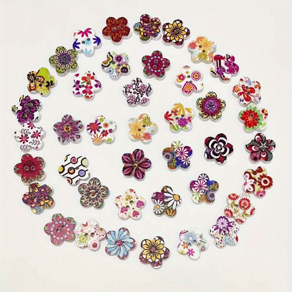 50pcs Pack Colored Drawing Flowers Wooden Button Diy Handwork Sewing ...