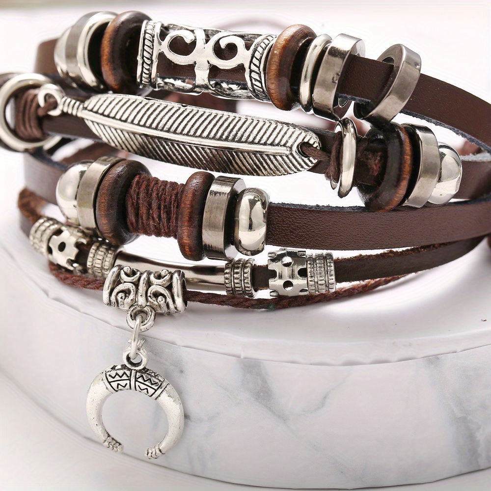 Creative Multi layer Feather Moon Tooth Pendant Bracelet - Temu Australia