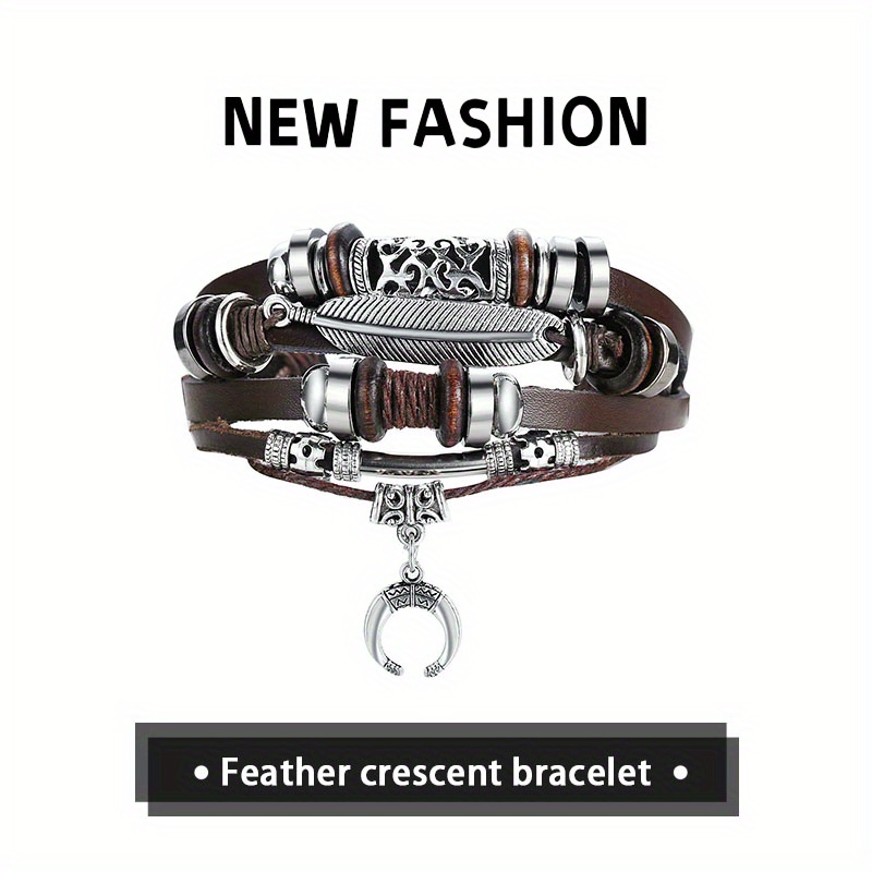 Creative Multi layer Feather Moon Tooth Pendant Bracelet - Temu Australia