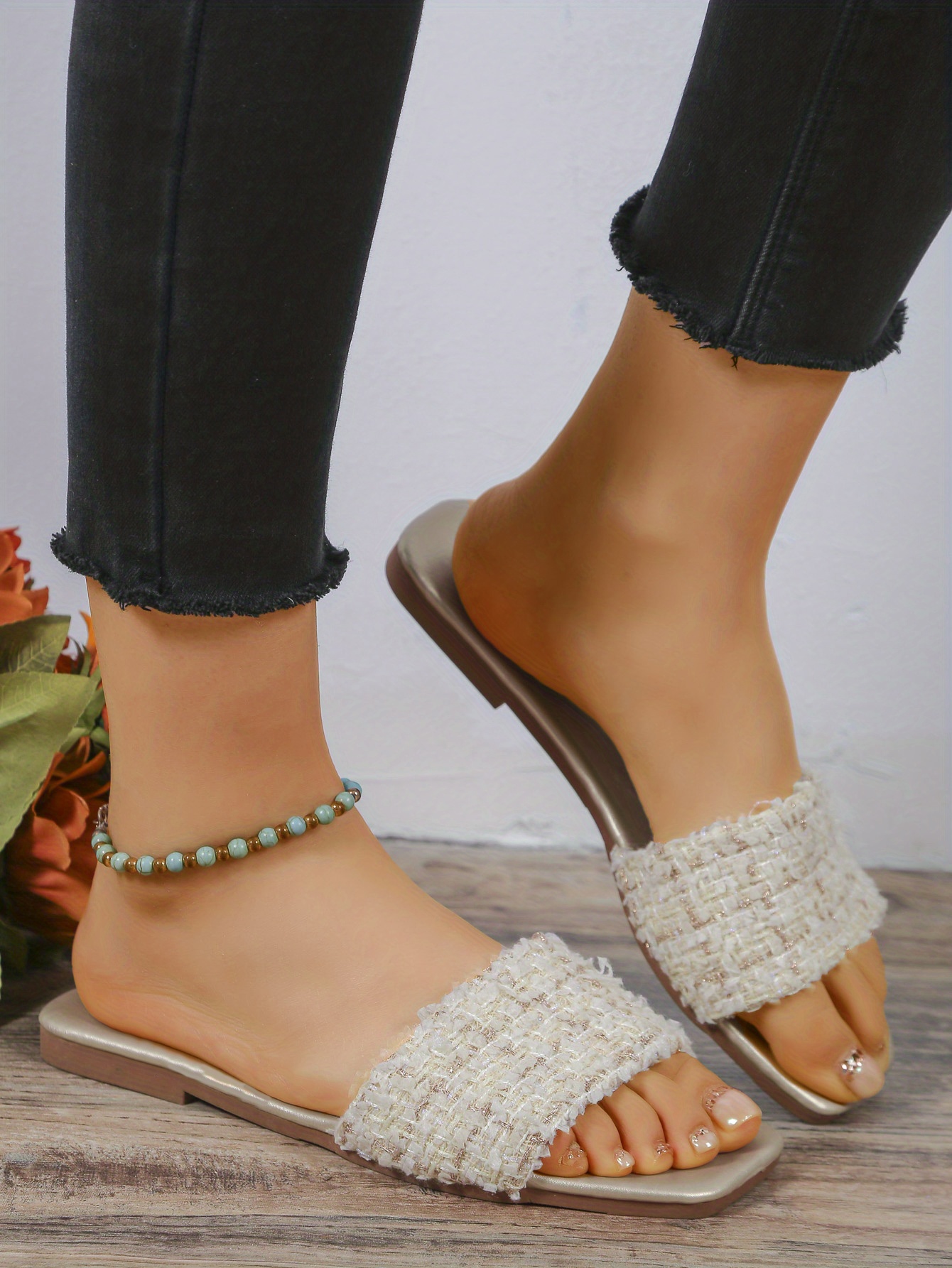 Women's Tweed Flat Slides Square Open Toe Slide Sandals - Temu Canada