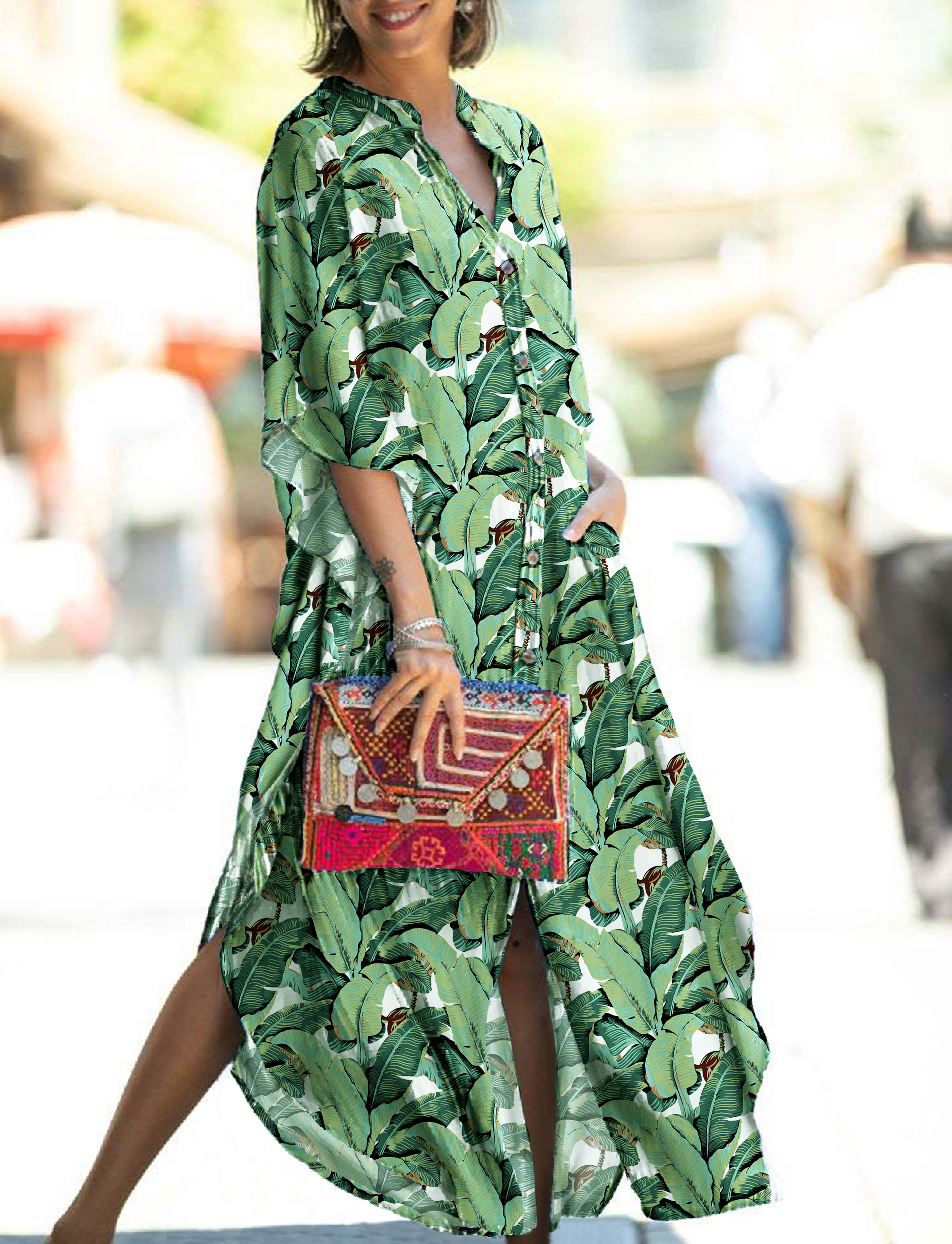 green leaf print v neck long sleeve rash guard - Temu