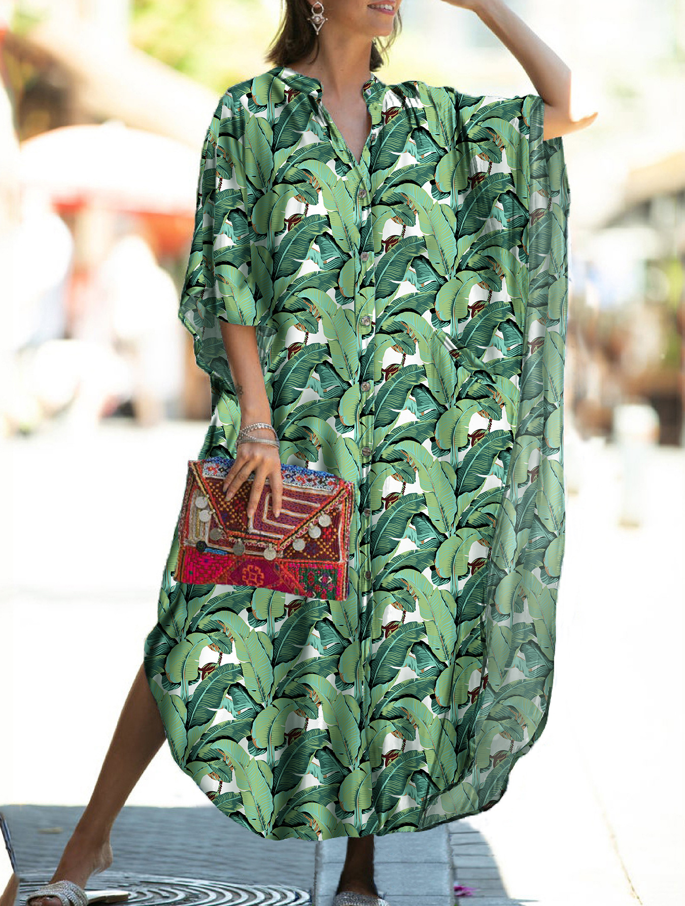 green leaf print v neck long sleeve rash guard - Temu