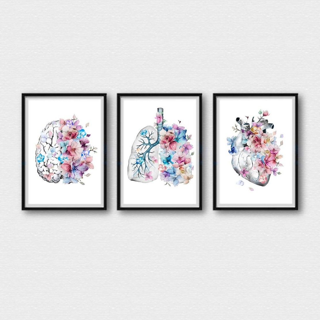 3 Sheets Human Brain Heart Lungs Watercolor Prints Anatomy Wall Art ...