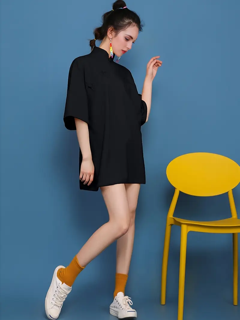 Retro Tang Suit Chinese Dress Vintage Solid Short Sleeve Temu