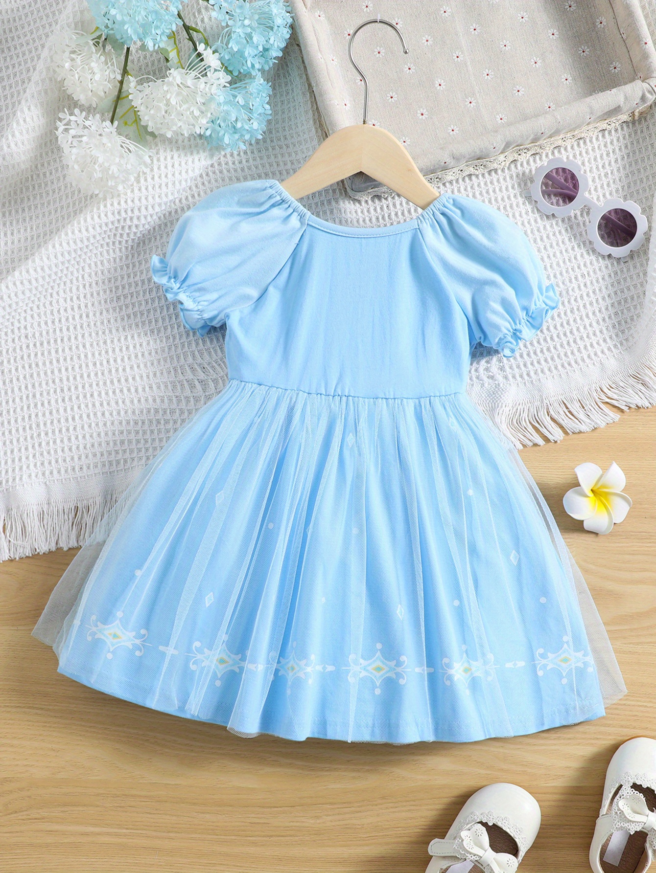 Girls Puff Sleeves Round Neck Dress Kids Mesh Princess Dress - Temu Canada