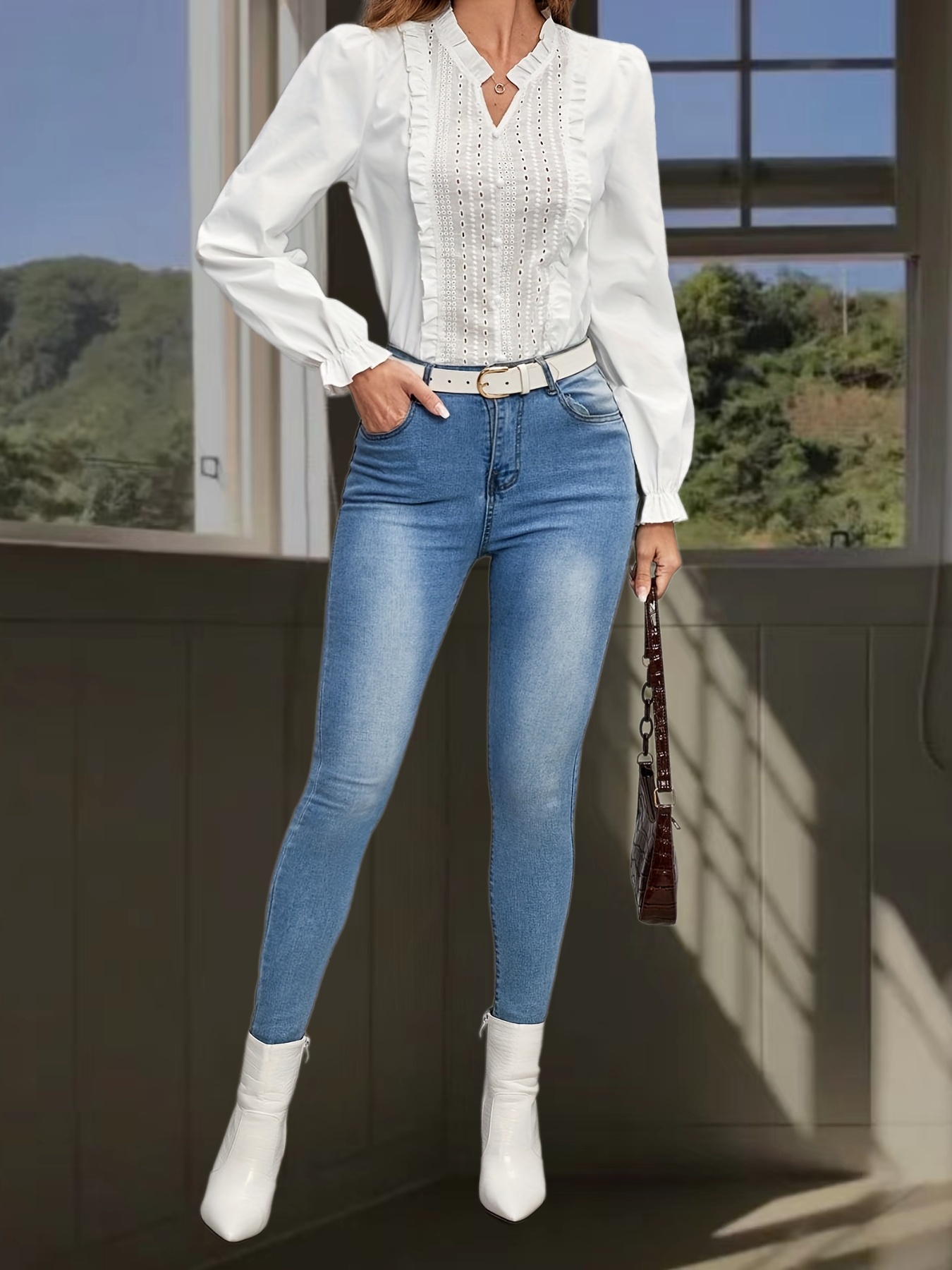 Eyelet Ruffle Trim Blouse Elegant V Neck Long Sleeve Blouse - Temu ...