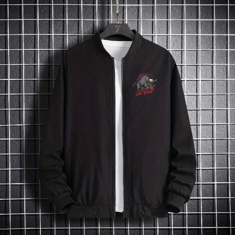 Men's Casual Varsity Baseball Collar Zipper Bull Print Long - Temu ...