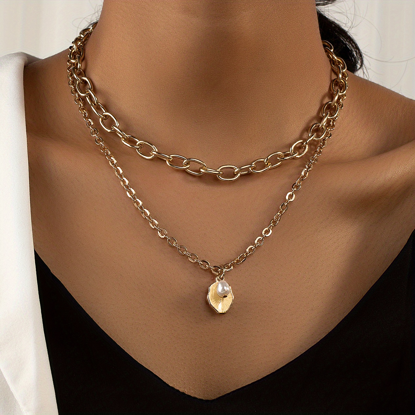 Golden Chain Lion Head Faux Pearl Pendant Double Layer Necklace | Free ...