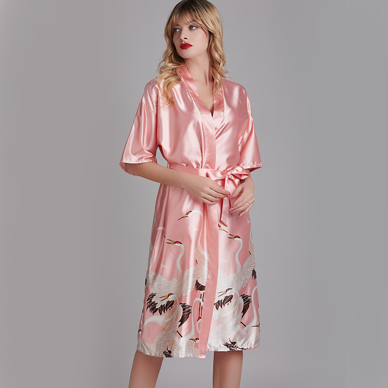 Crane Print Satin Night Robe Elegant Deep V House Robe Belt - Temu ...