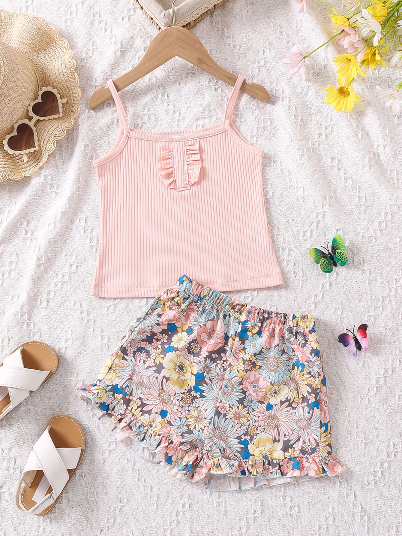 Toddler Girls Ribbed Ruffle Trim Cami Top Ruffle Hem Floral - Temu ...