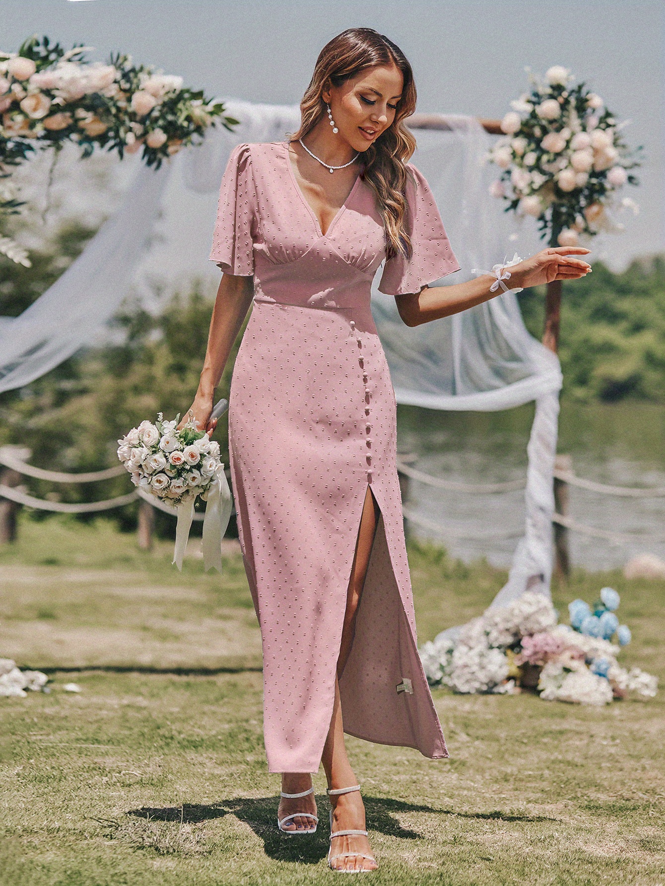 v neck split long dress boho buttons decor ruffle short - Temu Norway