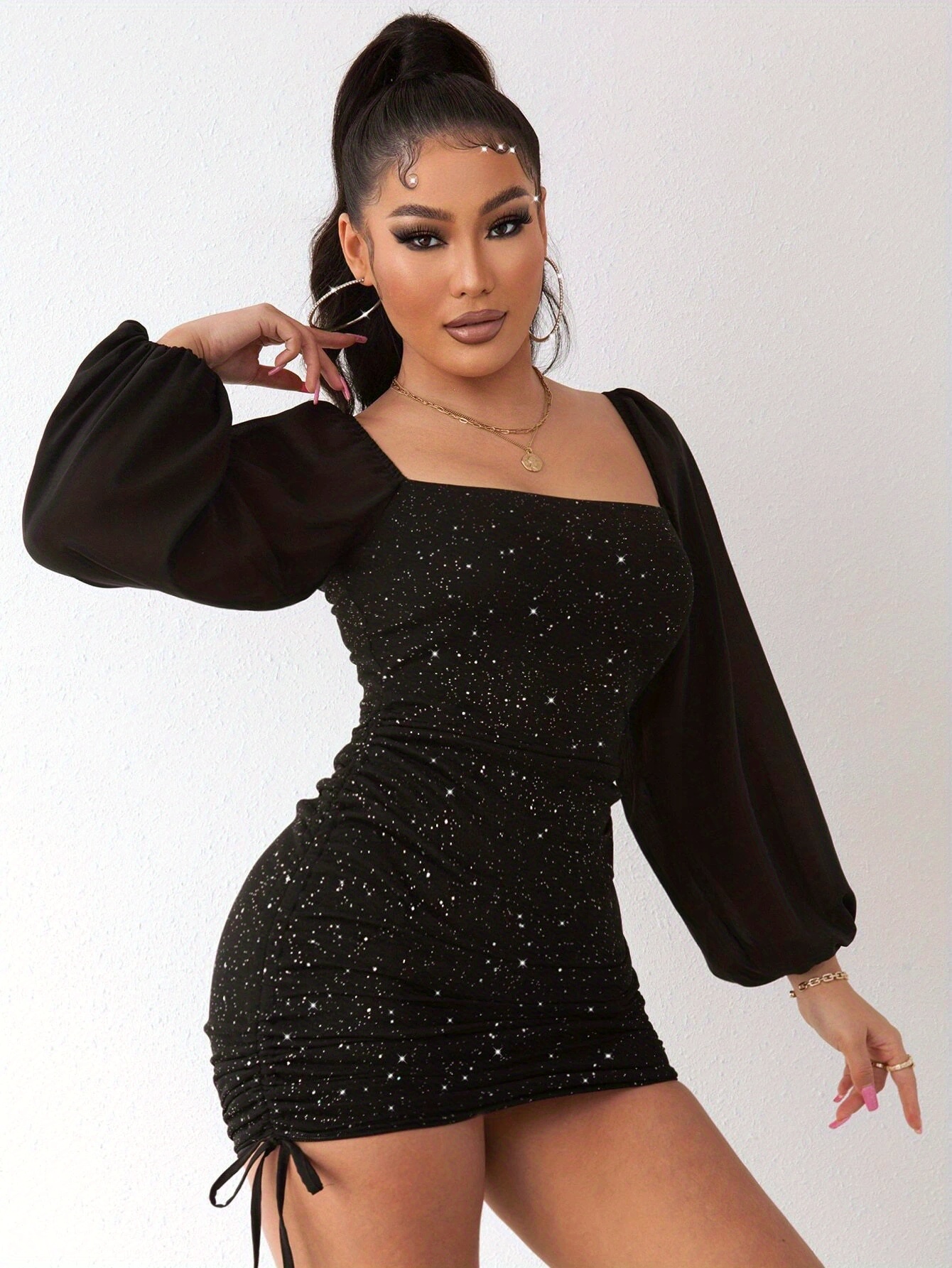 Side Drawstring Ruched Bodycon Dress, Elegant Square Neck Dress For 