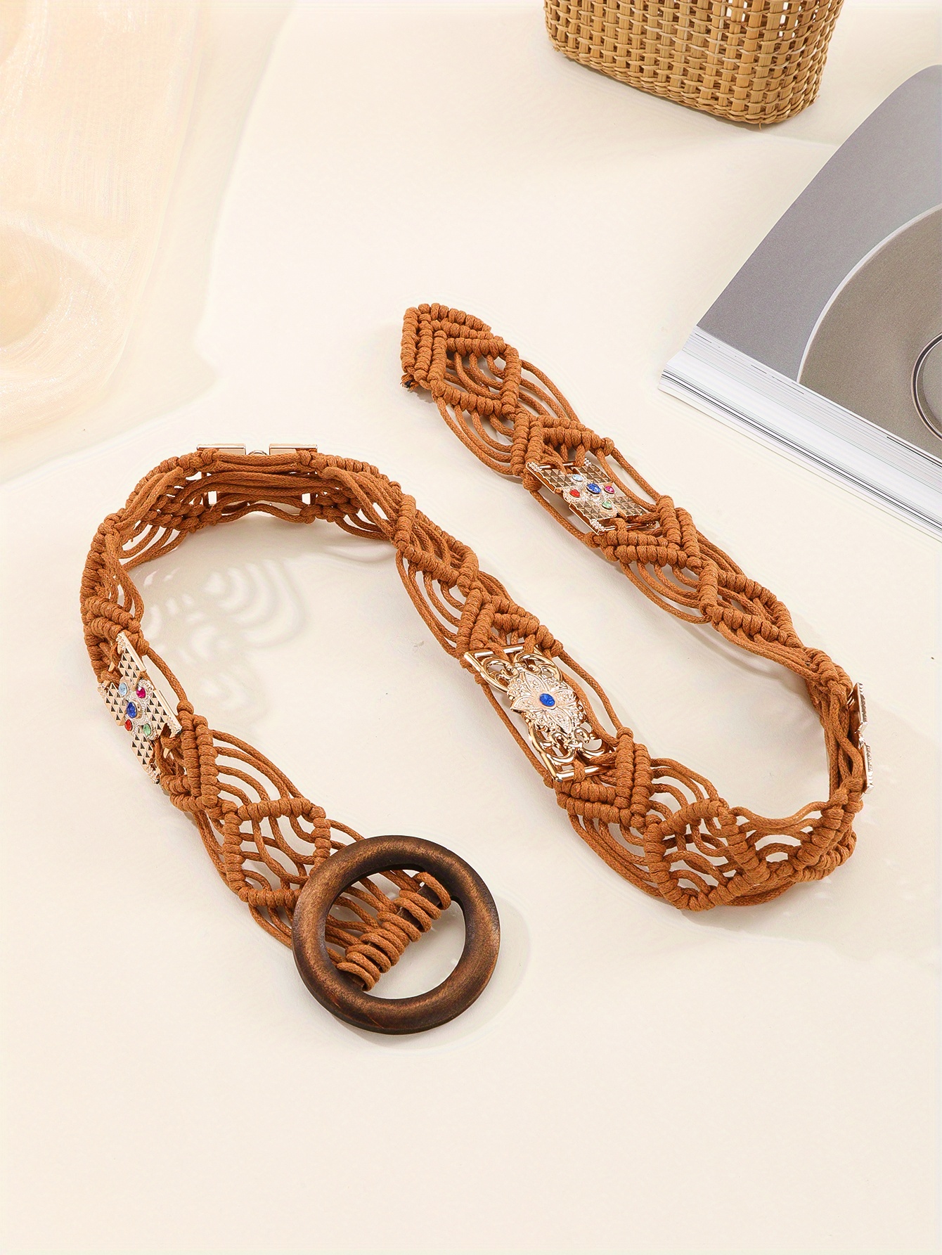 Boho Braided Coffee Belt Vintage Wax Rope Macrame Hollow - Temu United ...