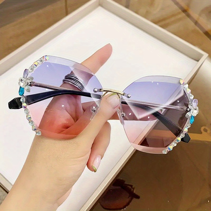 Rimless Ombre Lens Women Men Rhinestone Decor Glasses Temu
