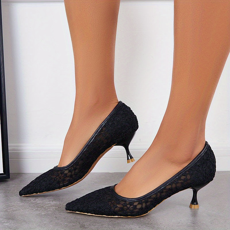 Talons Chaton À Bout Pointu En Dentelle Femmes Talons Bas À - Temu France