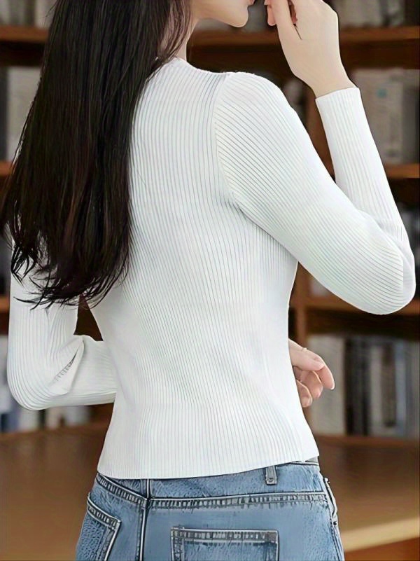 Solid Rib Knit Sweater Casual V Neck Long Sleeve - Temu New Zealand