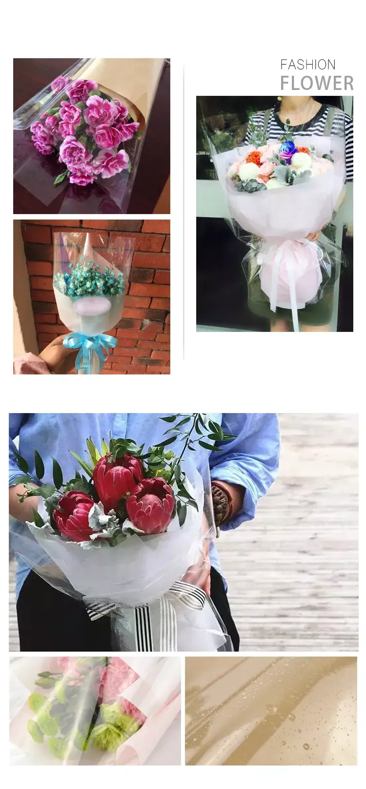 한 롤 멋진 정전기 방지 방수 투명 용지 꽃 포장지 플라스틱 무광택 투명 패키지 재료 종이 꽃다발 꽃집 선물 Temu