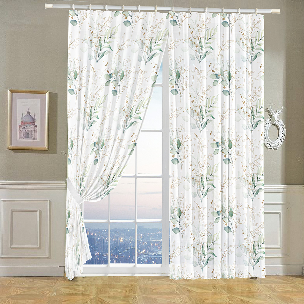 2 panels watercolor eucalyptus leaves window curtains - {region_name}