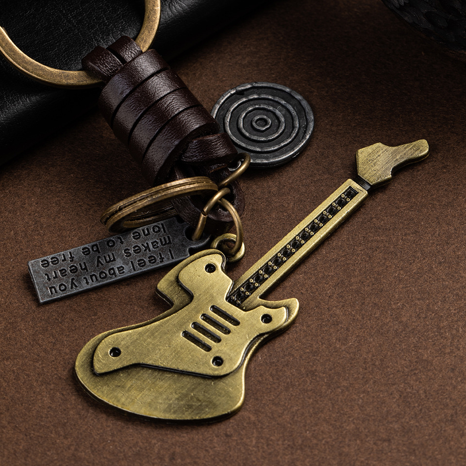 Brown Retro Guitar Pu Leather Creative Keychain Woven Car Keychain ...