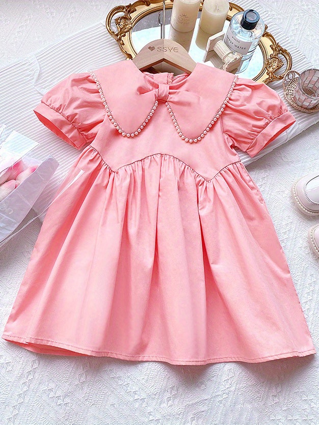 Toddler Girls Puff Sleeve Pearl Bow Neck Princess Dress - Temu Australia