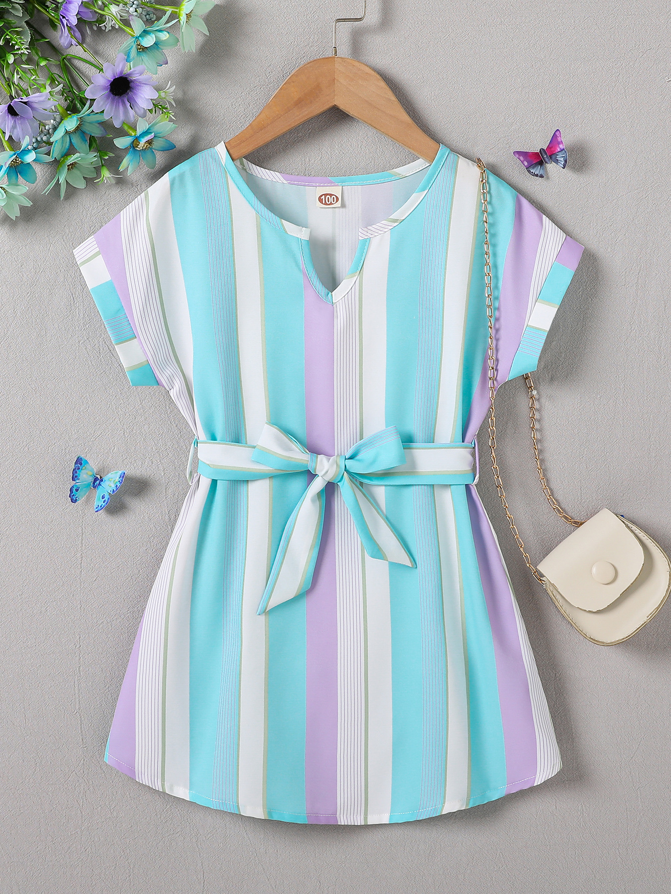 Kids Girls Short Vertical Stripe Casual Belted V neck Dress - Temu ...