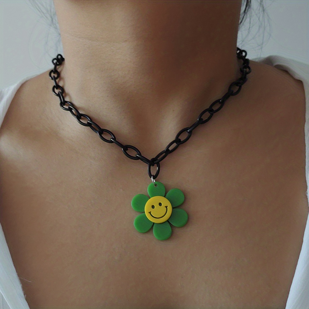 Y2k Sunflower Smile Face Pendant Necklace Female Personality - Temu ...