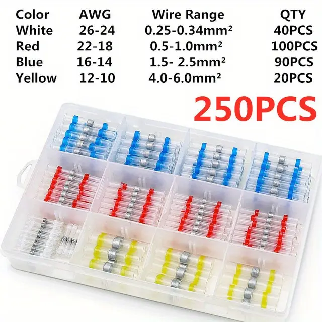 250pcs 열 수축 버트 압착 단자 방수 솔더 씰 전기 커넥터 와이어 케이블 스플 라이스 키트 자동차 마린 비즈니스 산업