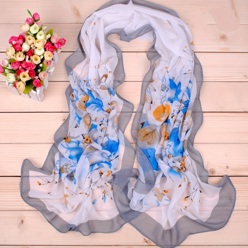 Boho Flower Print Chiffon Scarf Casual Warm Shawl Sunscreen Head Wrap ...
