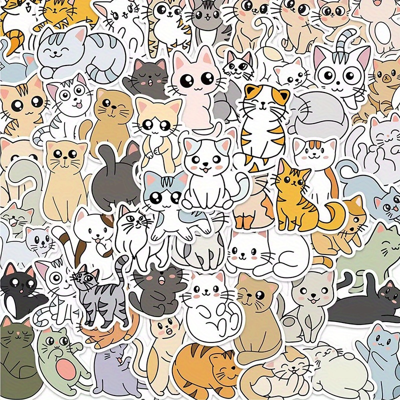 50 Sheets Cartoon Cat Stickers Vinyl Waterproof Stickers Cute Kawaii ...