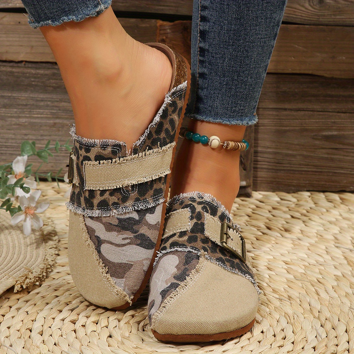 Women's Leopard Print Cork Mules Retro Strap Slip - Temu Canada