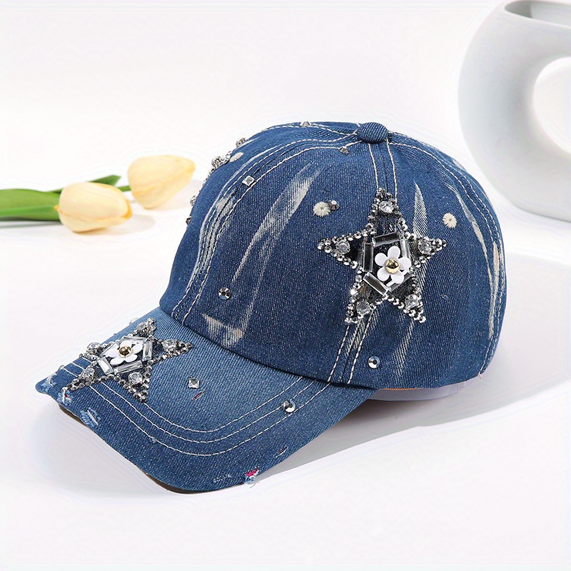 Rhinestone Baseball Cap Y2k Denim Washed Blue Dad - Temu Netherlands