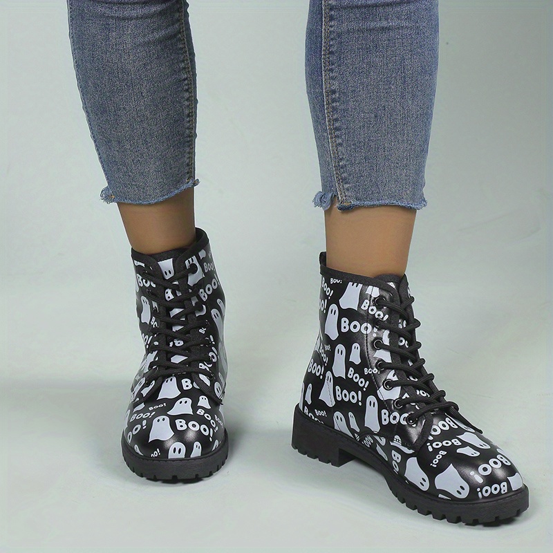 women's ghost printed combat boots halloween round toe lace - {region_name}