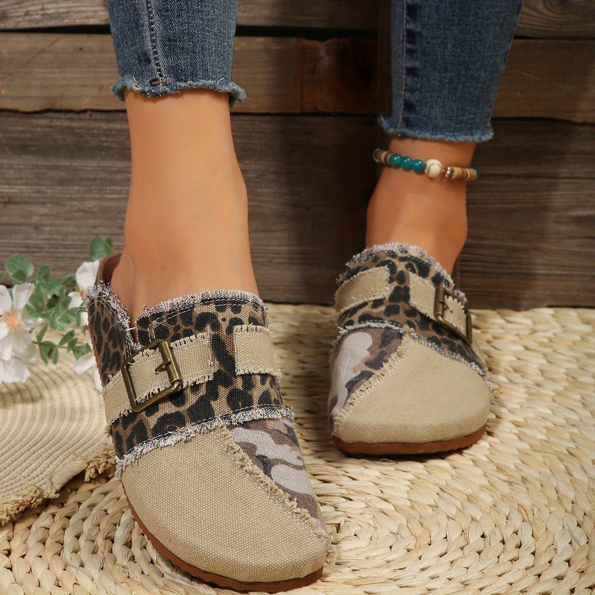 Women's Leopard Print Cork Mules Retro Strap Slip - Temu Canada