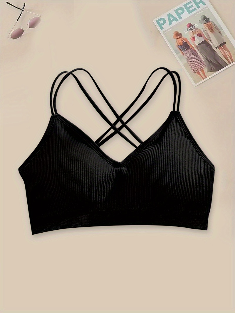 solid ribbed wireless bras comfy breathable cross back - Temu New Zealand