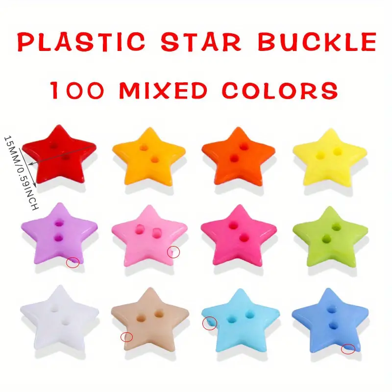 100個のプラスチックカラフルな五角形のボタン、かわいいカートゥーンの2つの穴のボタン、セーター、カーディガン、シャツのボタン、手作りのdiy
