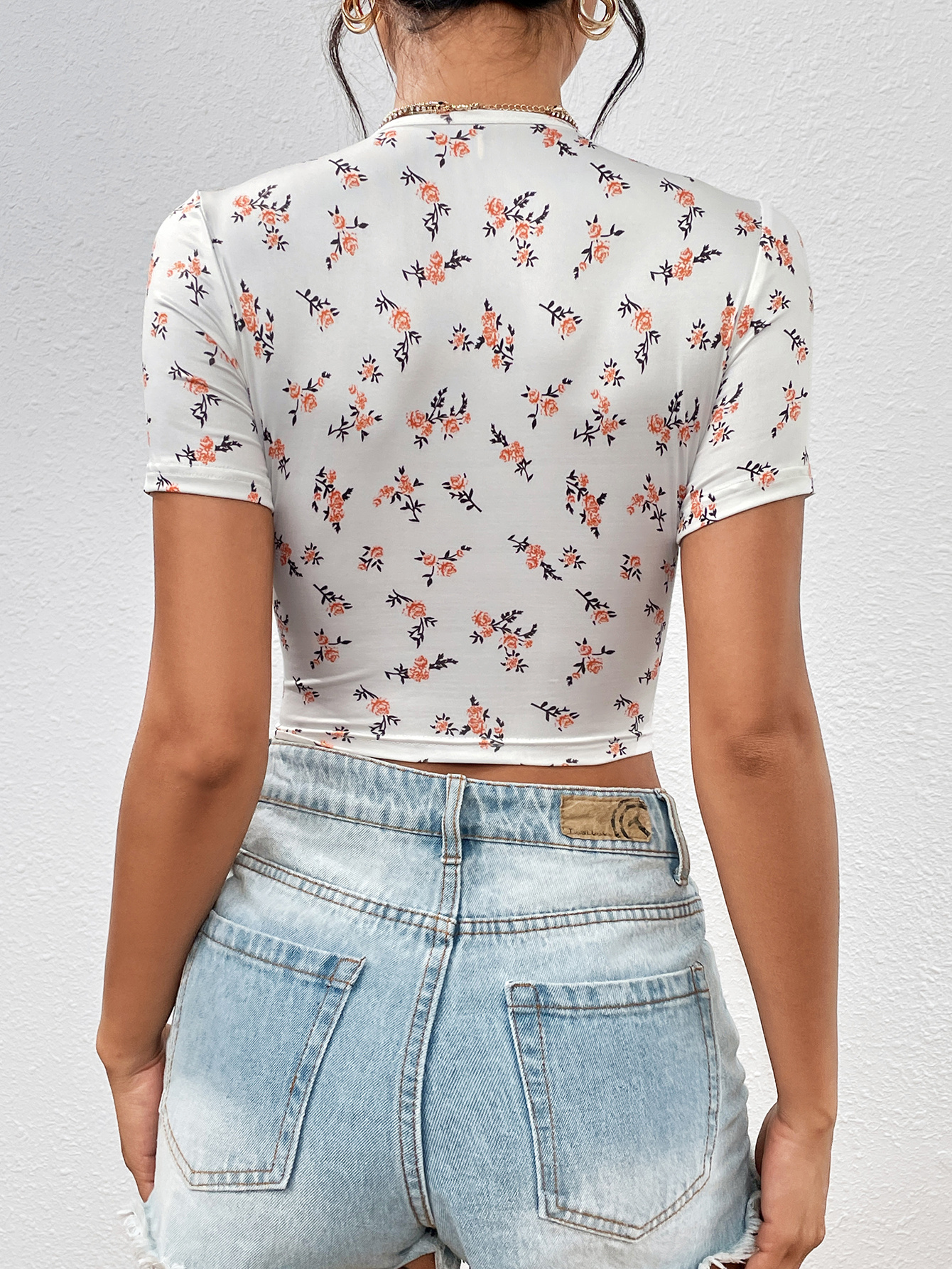 Floral Print Surplice Neck Crop T shirt Casual Short Sleeve - Temu Canada