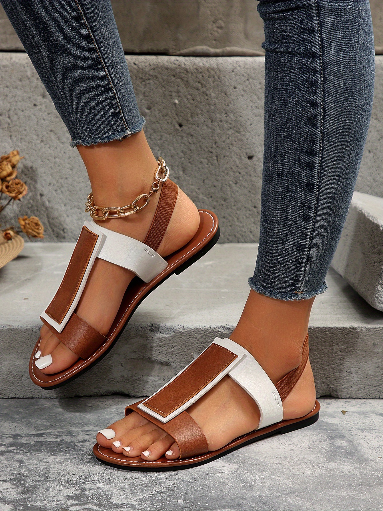 Women's Fashion Flat Sandals Open Toe Elastic Strap Slip - Temu Ireland