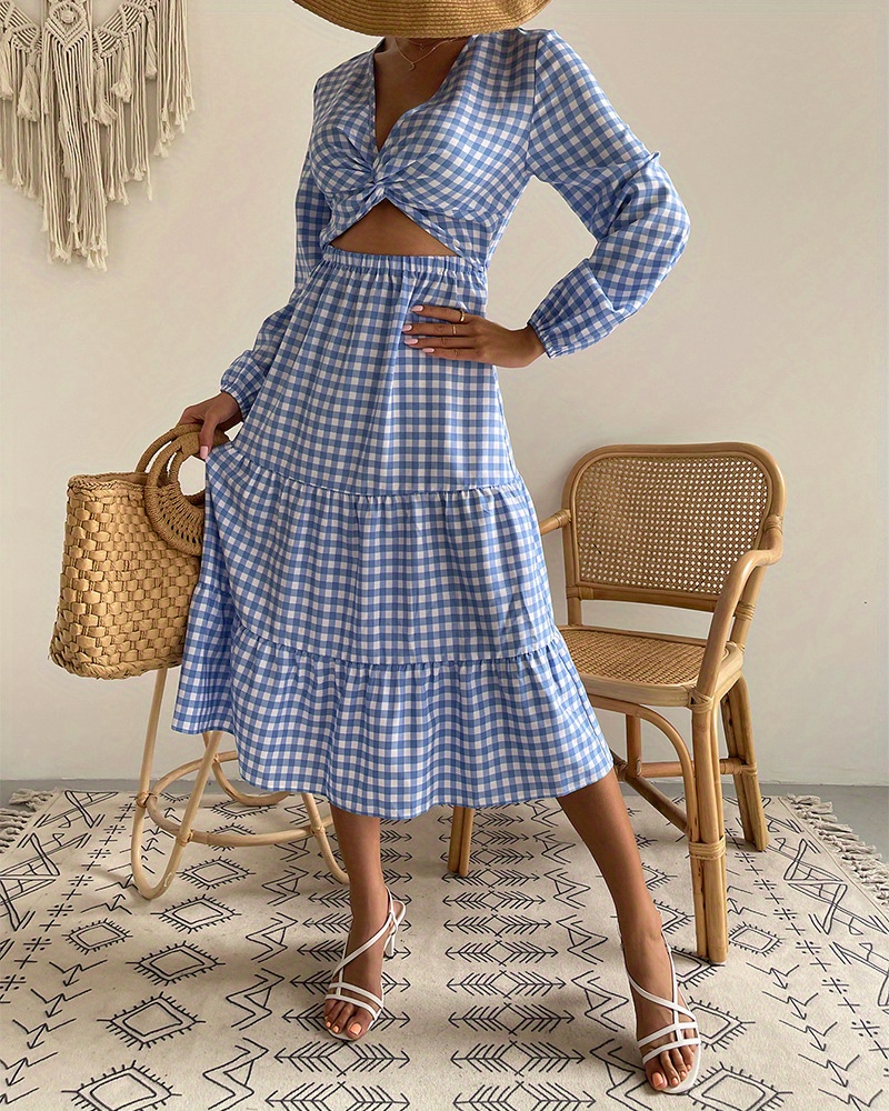 Plaid Print V Neck Twist Front Cut Dress Elegant Long Sleeve - Temu ...