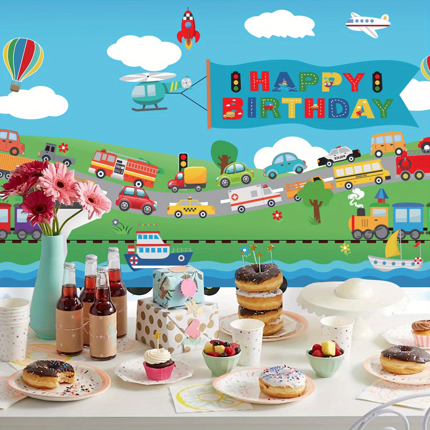 Birthday Party Background Cloth Car Train Plane Boy Happy - Temu