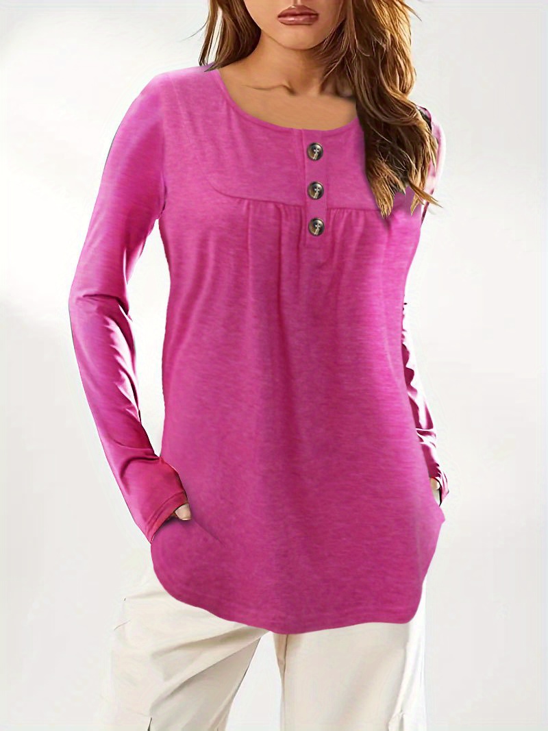 Solid Button Decor Crew Neck T shirt Casual Long Sleeve Top - Temu United Kingdom