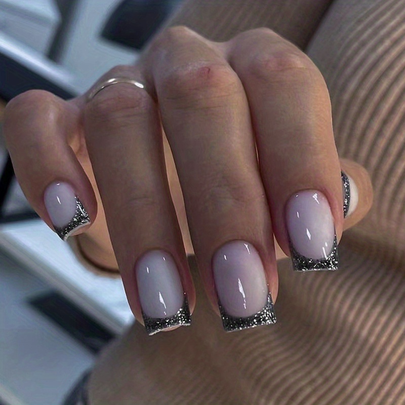 Medium Press Nails Glitter French Tip - Temu United
