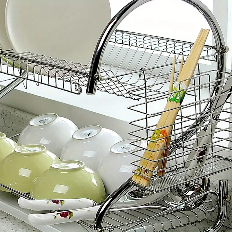 1pc キッチンの二層の皿の排水ラックと箸のケージ、皿の乾燥ラックと排水ボードのセット、多機能の排水バスケット、家庭用キッチン、皿とボウル
