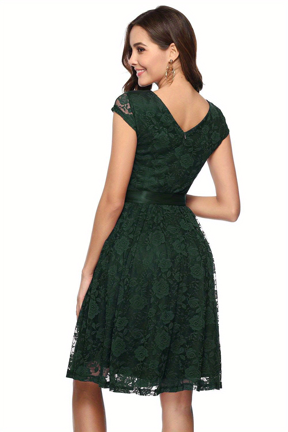 Floral Lace Tie Waist Dress Elegant Short Sleeve Dress - Temu Australia