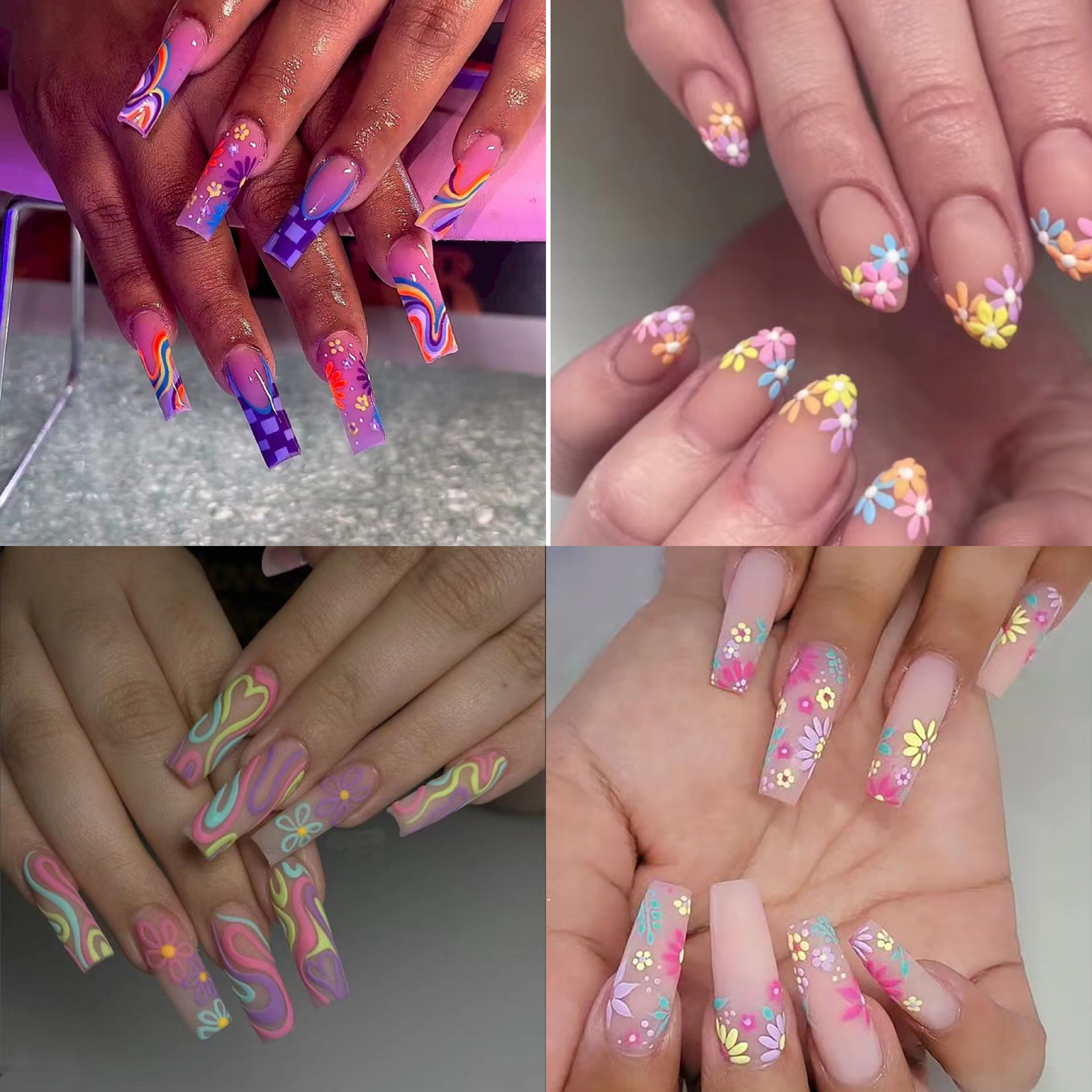 Press Nails Cute Flower Checkerboard Colored Swirl False - Temu Australia