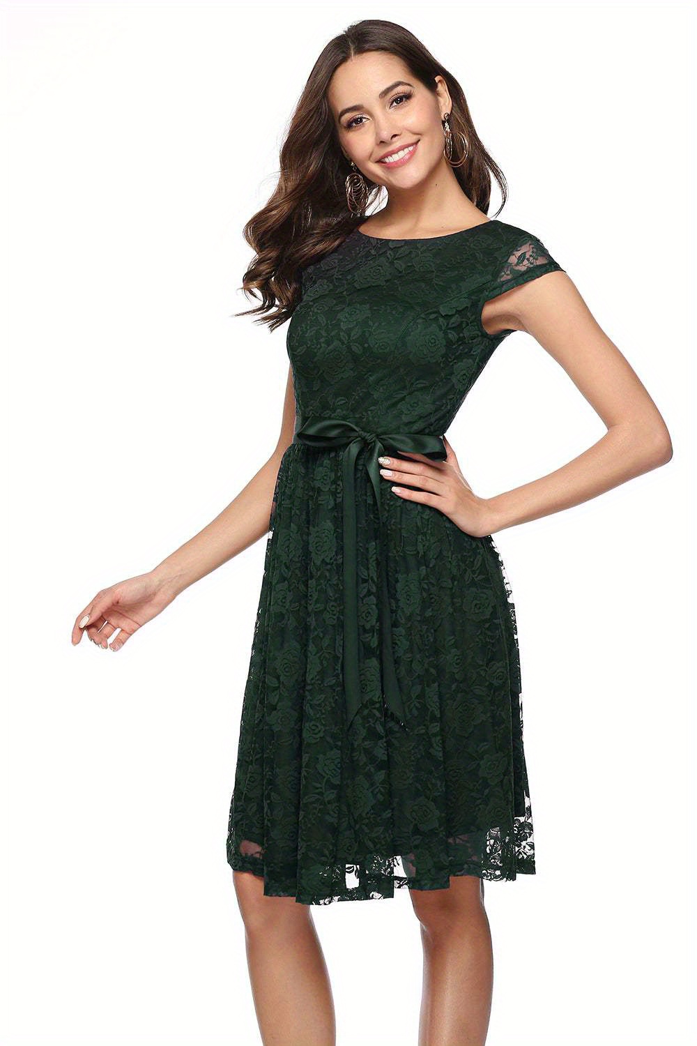 Floral Lace Tie Waist Dress Elegant Short Sleeve Dress - Temu Australia