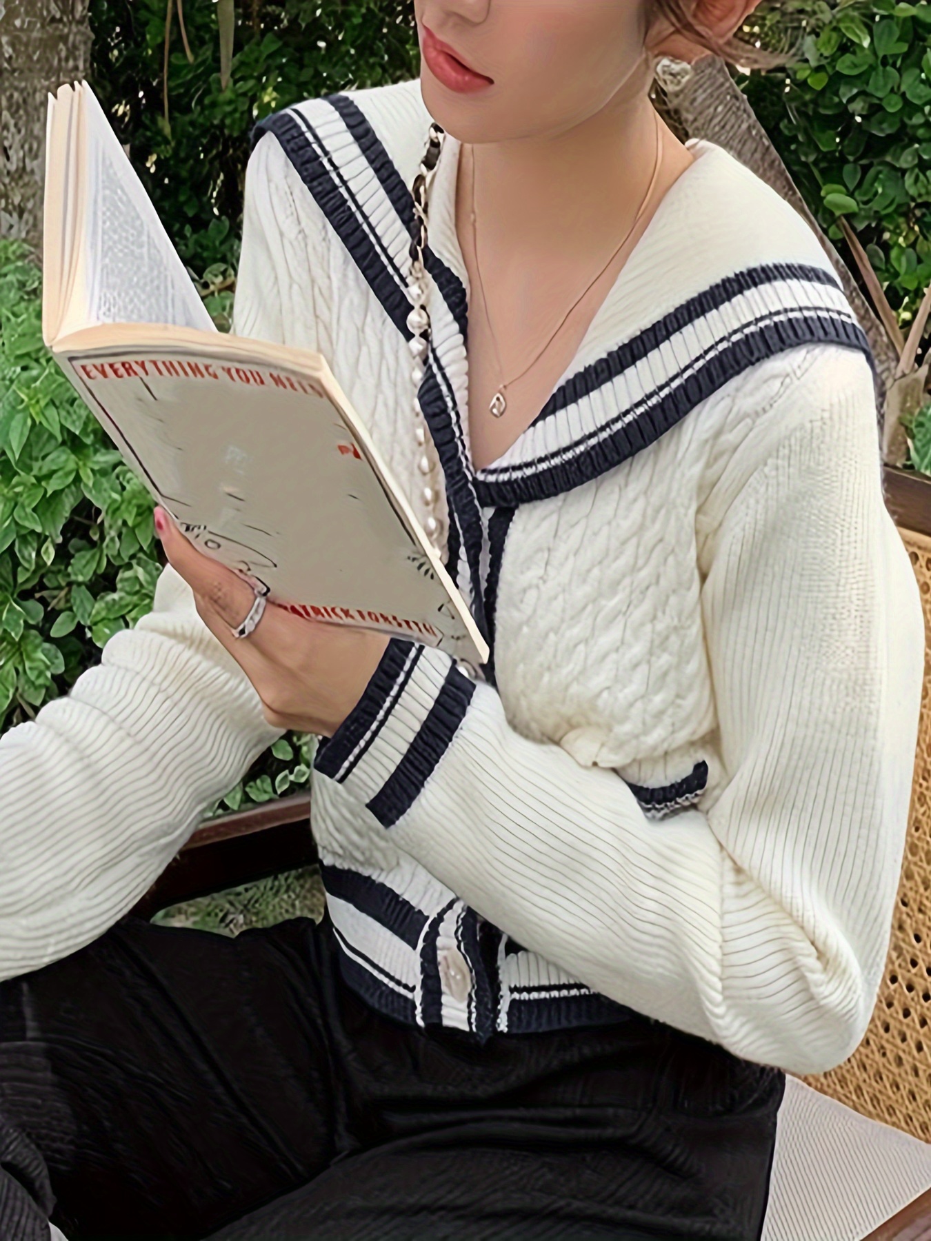 Contrast Trim Shawl Collar Pocket Cardigan Preppy Button - Temu