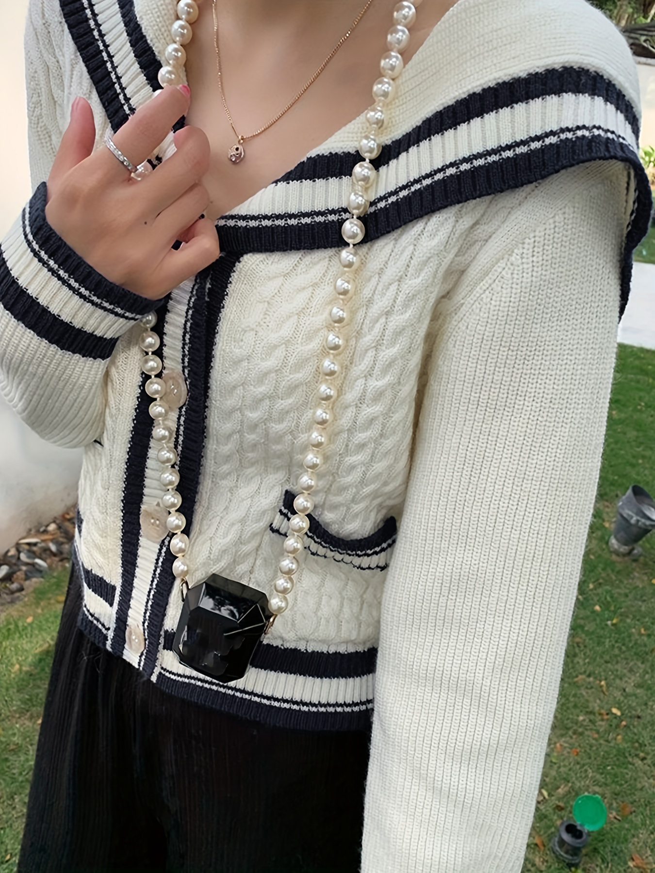 Contrast Trim Shawl Collar Pocket Cardigan Preppy Button - Temu